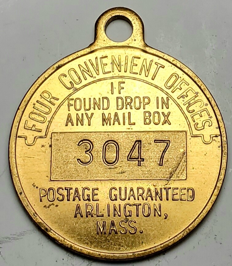 ANTIQUE ARLINGTON FIVE CENTS SAVINGS BANK DEPOSIT BOX KEY FOB-MA-GILT ...
