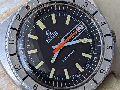 Vintage 1970's Elgin Day-Date Diver w/Patina,Explorer-Style Bezel,FHF 909 Mvmt | eBay