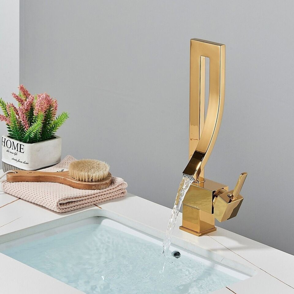 Gold Waterfall Bathroom Basin Sink Faucet Single Handle Single Hole ...