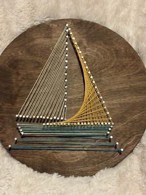 Retro String Art Sailboat 11 3/4” On Sealed Wood Round, W/ Hanger | eBay