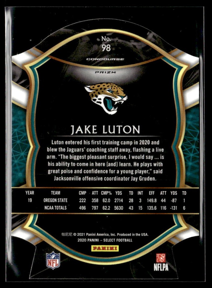 2020 Panini Select #98 Jake Luton Tri-Color Prizm Die Cut RC Football ...