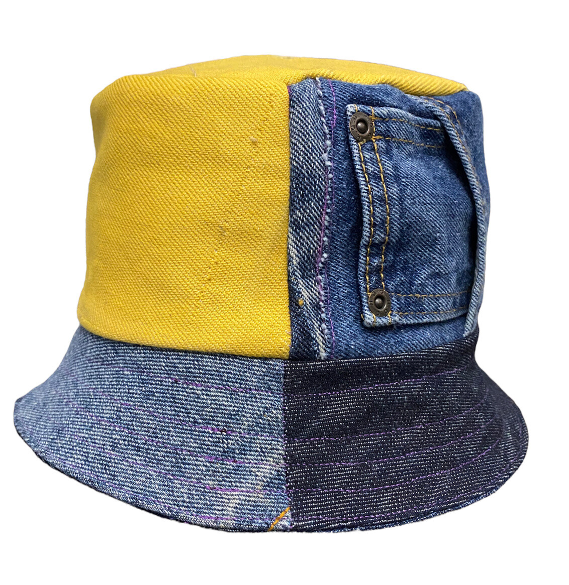 AUTHENTIC HANDMADE Upcycled Bucket Hat 23in Wide REVERSIBLE Yellow Multicolor | eBay