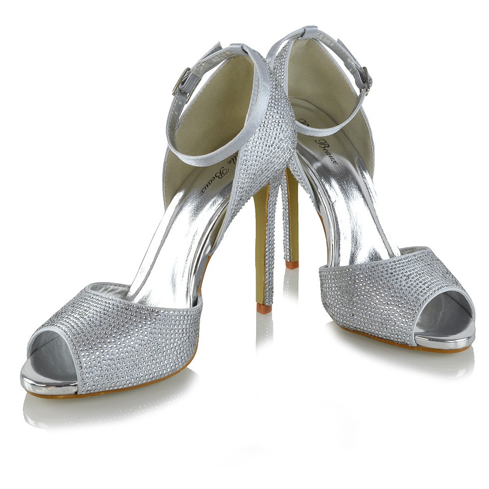 Womens Ankle Strap High Heel Diamante Wedding Shoes Ladies Peep Toe ...