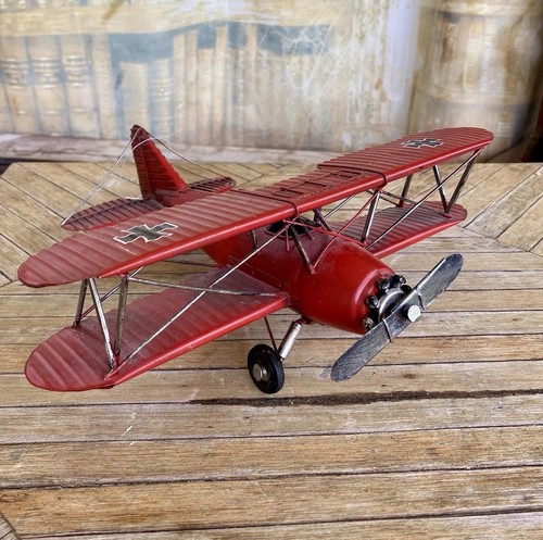 WWI Red Baron Decor Tin Metal Bi Plane Airplane Model Rustic | eBay