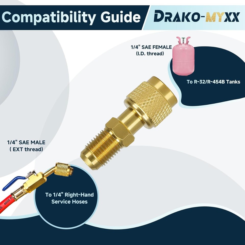 3Pcs A2L R-32 R-454B Adapter,1/4" Left-Hand Female to 1/4" Right-Hand ...
