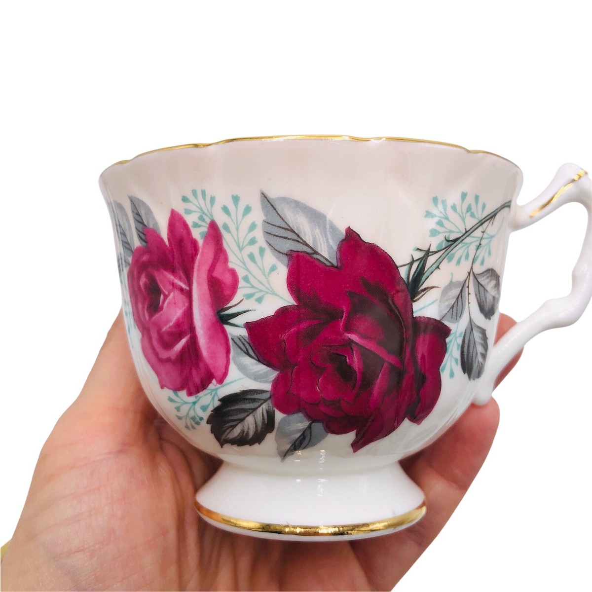 Aynsley Cabbage Rose Tea Cup and Saucer Pink Gold Burgundy White ...