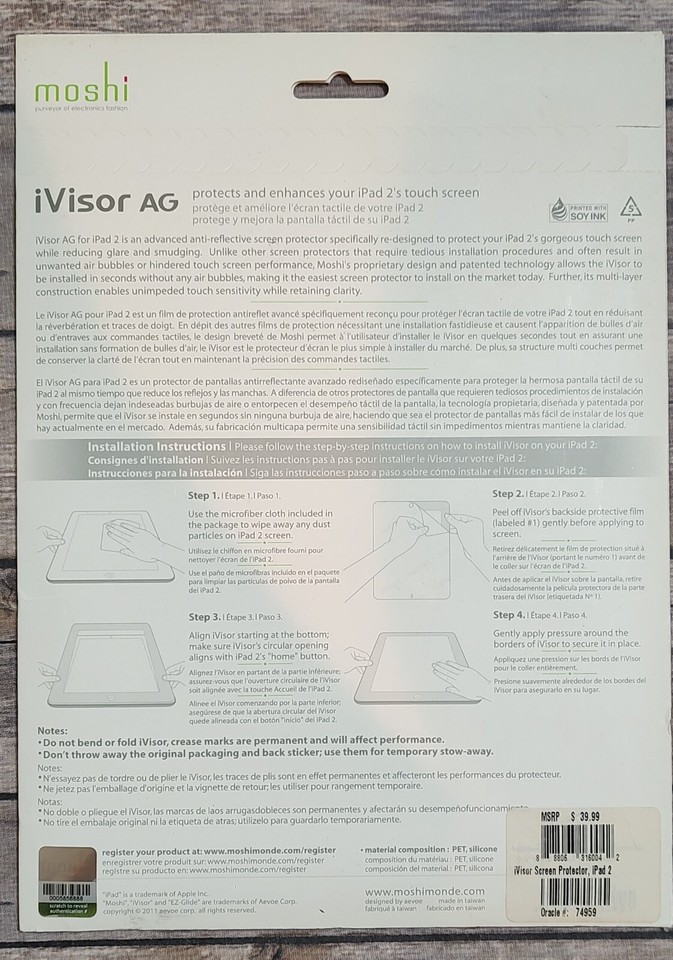Moshi iVisor Clear Screen Protector for iPad 2 Bubble Free Matte ...