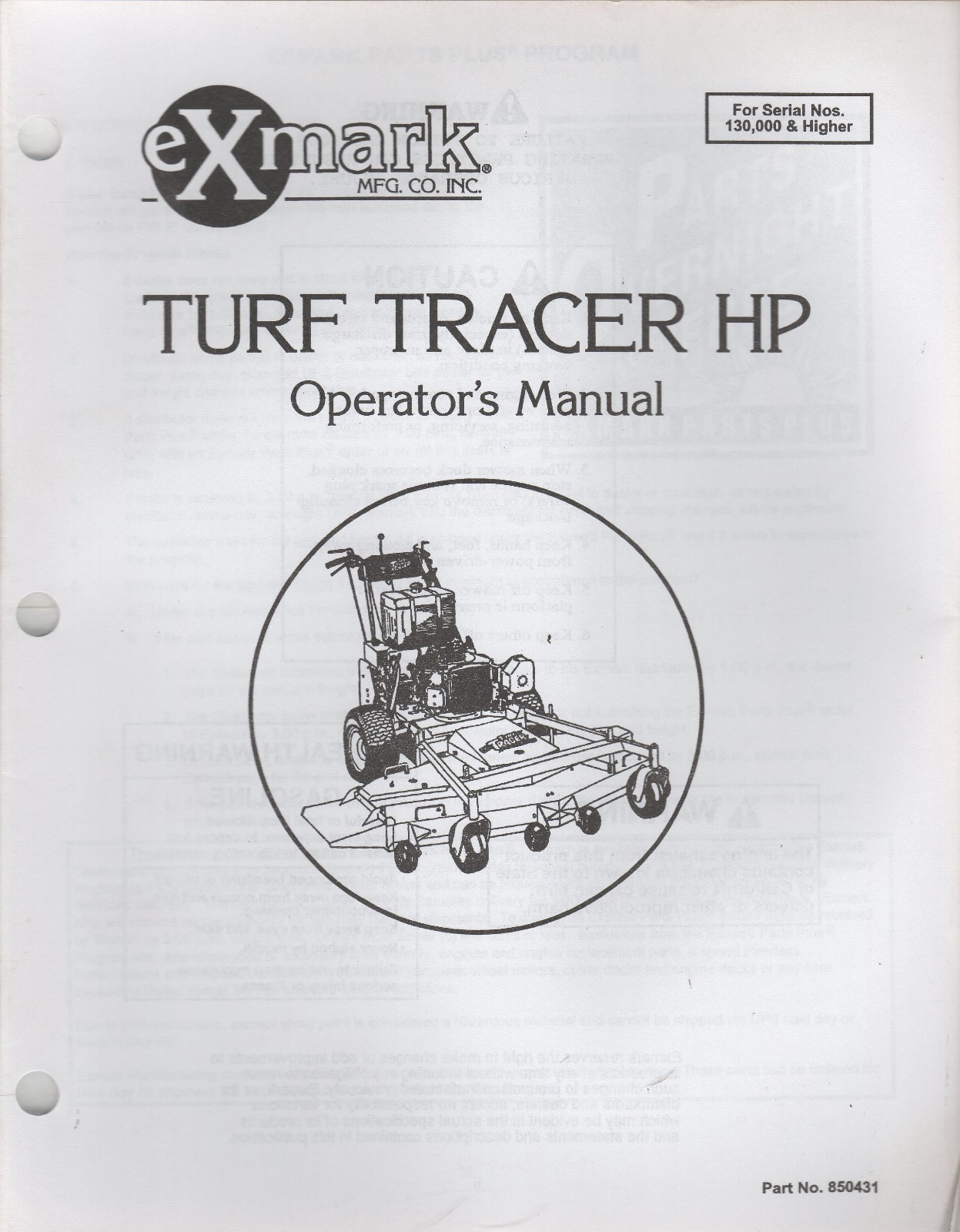 EXMARK TURF TRACER HP serial no 130,000 & Higher OPERATOR'S MANUAL ...