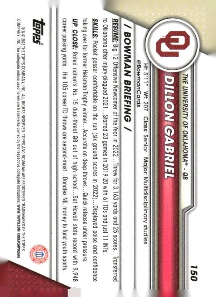 2023 Bowman University Chrome #150 Dillon Gabriel | eBay