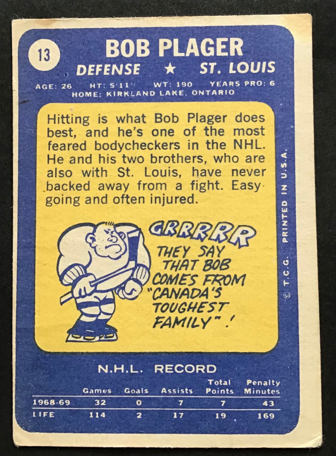 1969-70 Topps Hockey card Bob Plager #13 Def St Louis Blues EX | eBay