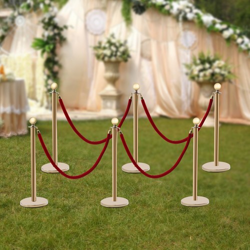 6 Pcs Red Velvet Rope +Gold Stanchion Post Set Crowd Control Queue Pole ...