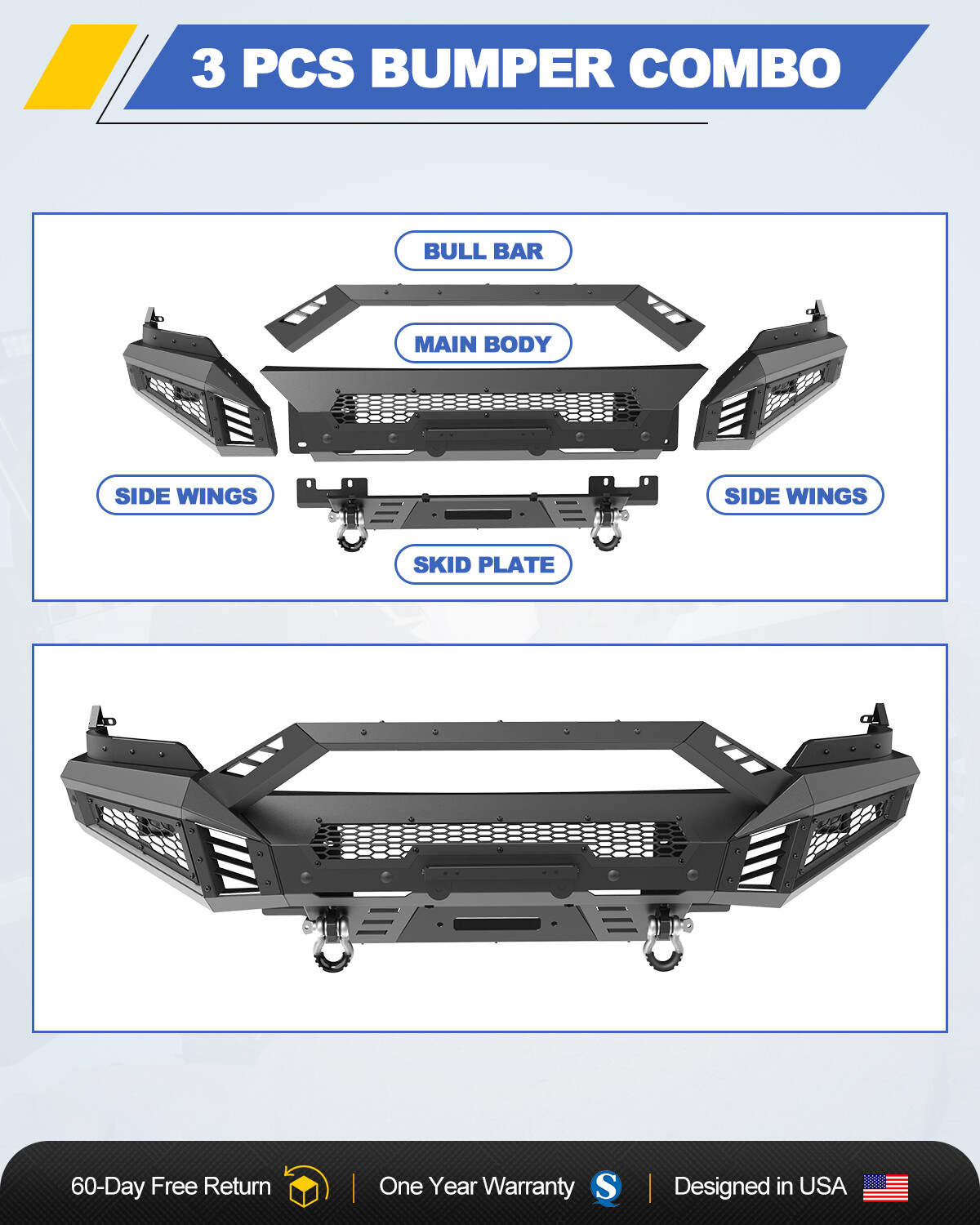 4 IN 1 Front Bumper Assembly +Rear Bumper w/D Rings For 2013-2018 Dodge ...