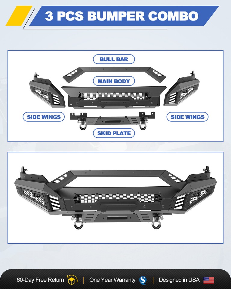 4 IN 1 Front Bumper Assembly +Rear Bumper w/D Rings For 2013-2018 Dodge ...