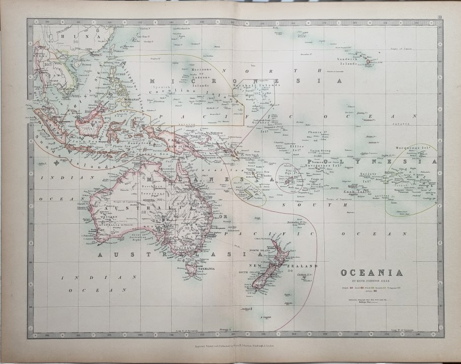 1891 ANTIQUE MAP OCEANIA AUSTRALIA POLYNESIA NEW ZEALAND SIAM SUMATRA ...