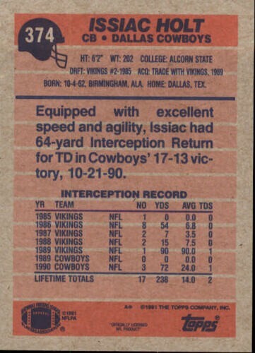 1991 Topps Football Card #374 Issiac Holt | eBay