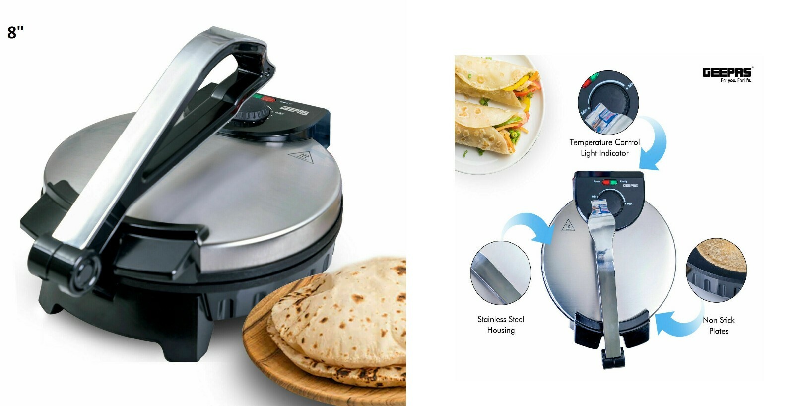 Geepas 8" Electric Chapati Maker Flat Bread Naan Tortilla Roti Press ...