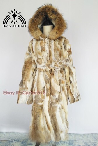 Natural real rabbit fur coat with hood raccoon fur women long jacket ...