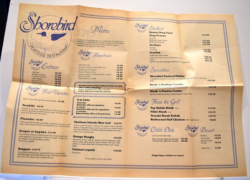 1980s Shorebird Seafood Restaurant Menu Gretta Point Wellington Evan's ...