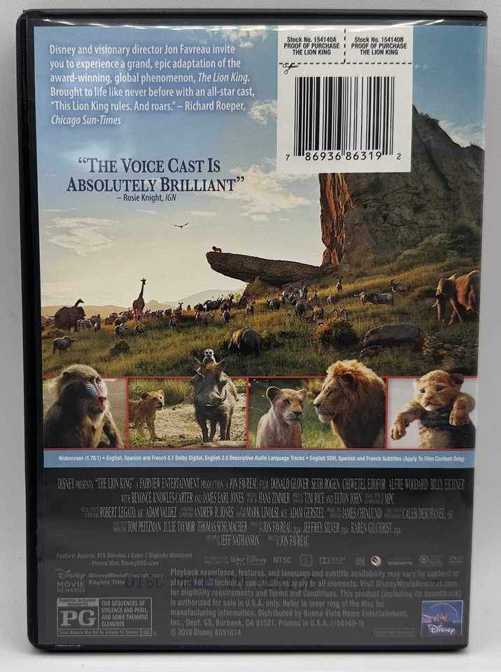 The Lion King DVD Widescreen Seth Rogen Donald Glover James Earl Jones ...