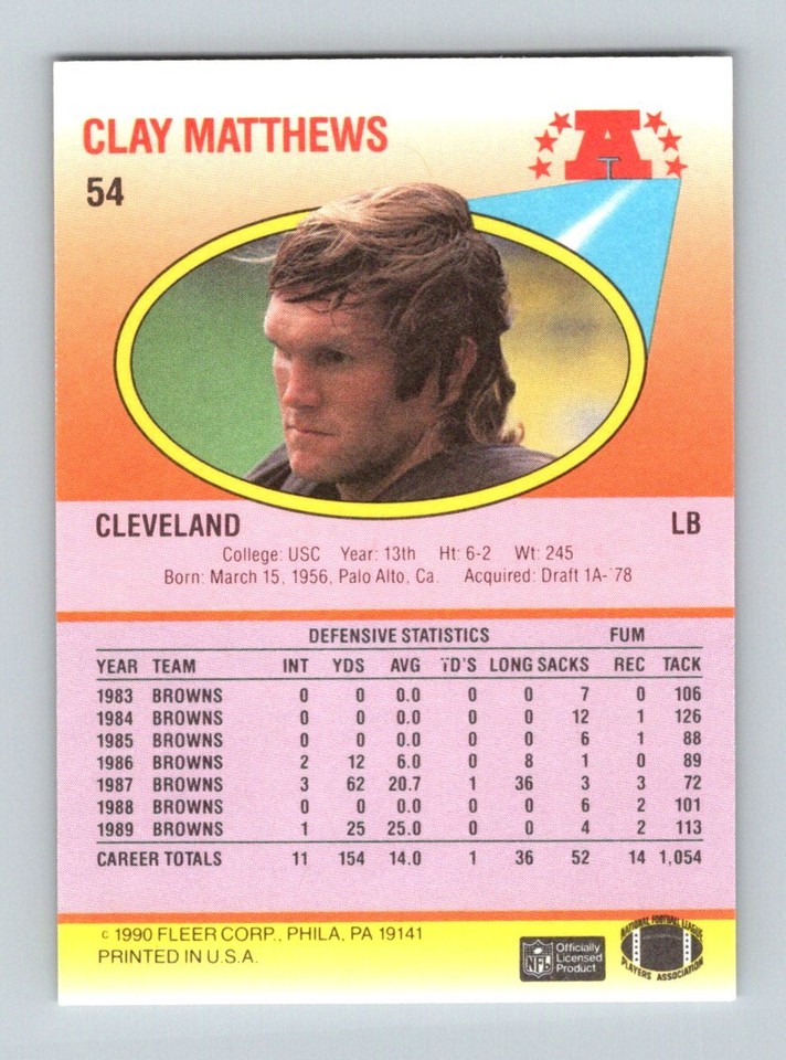 1990 Fleer Football Card #54 Clay Matthews Cleveland Browns | eBay