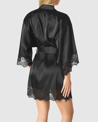 NEW LA SENZA BLACK SATIN KIMONO ROBE-LACE TRIM LINGERIE- SIZE L-XL $49. ...