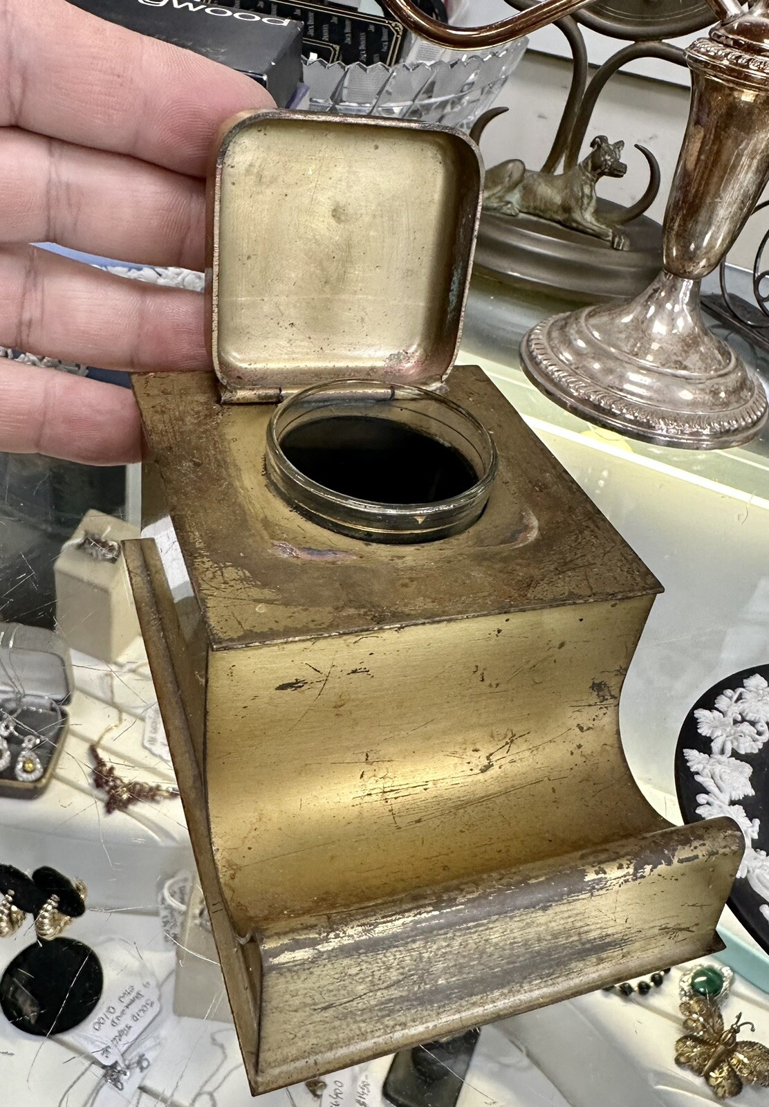 Antique Heavy Solid Brass Lided Inkwell With Glass Insert. Art Deco ...