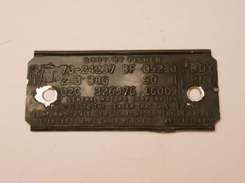 1970 GTO Body by Fisher Cowl Tag Plate Original Sierra Yellow Brown ...