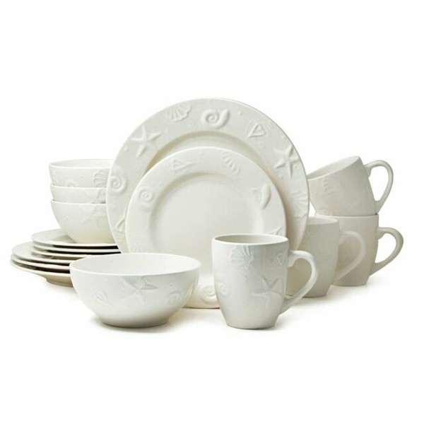 Coastal Dinnerware Set 16 Piece Service for 4 Sea Shells Beach Ceramic ...