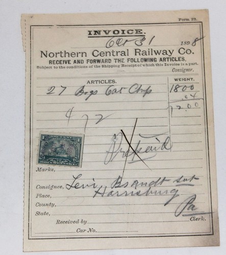 Vintage 1898 Northern Central Railway Co. Paper Freight Receipt Stamp ...