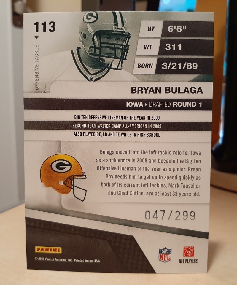 2010 BRYAN BULAGA ABSOLUTE #113 ROOKIE 047/299 GREEN BAY PACKERS IOWA ...