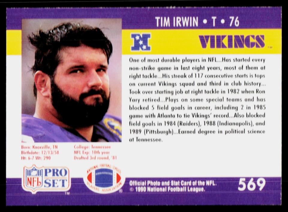 Tim Irwin, 1990 Pro Set, #569, Minnesota Vikings, RC | eBay