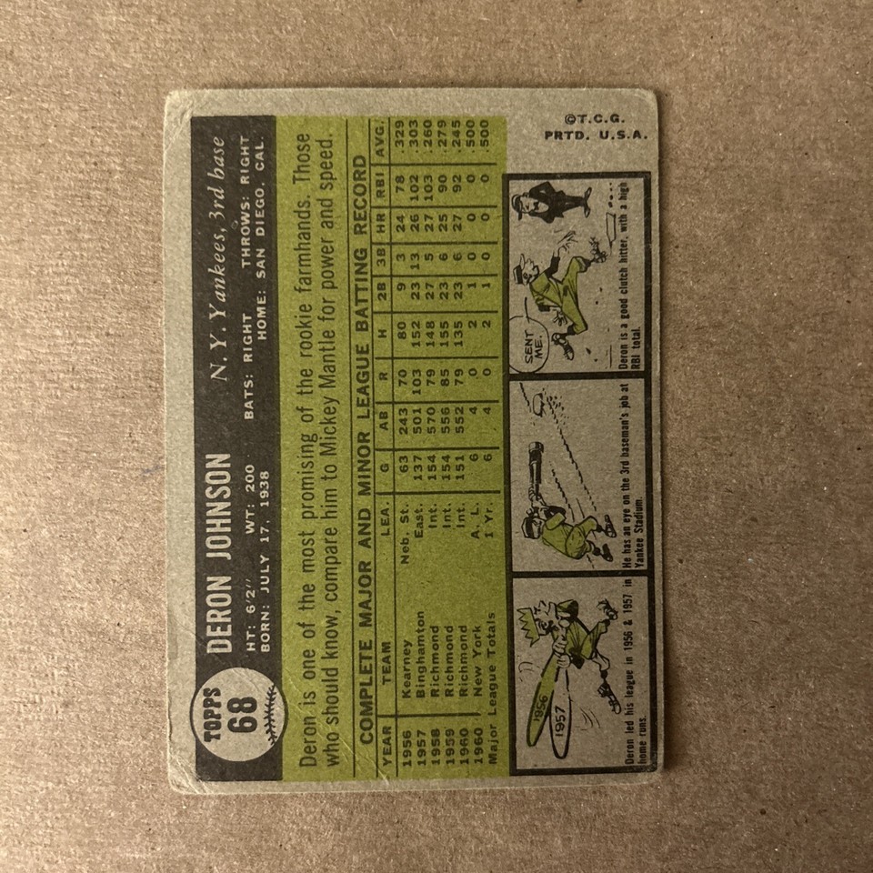 1961 Topps Baseball Deron Johnson New York Yankees Card #68 | eBay
