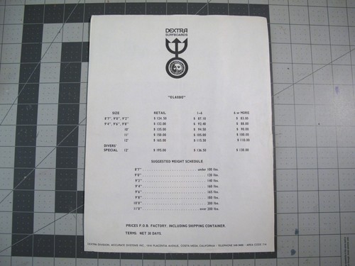 vtg 1960s Surfing Ephemera Dextra Surfboards Price List flyer | eBay