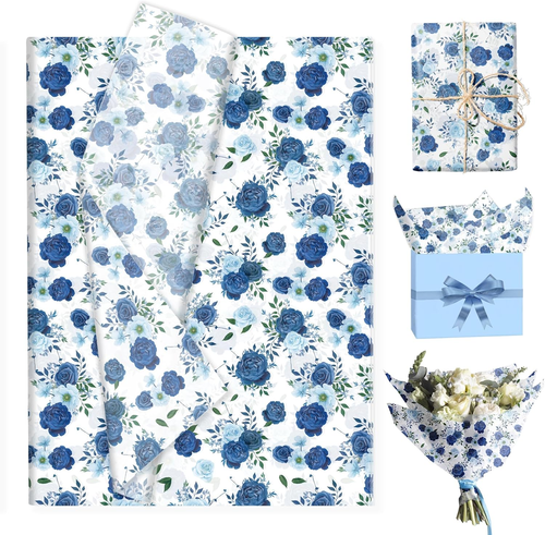 100 Sheets Blue Rose Wrapping Tissue Paper, Watercolor Floral Gift Wrap ...