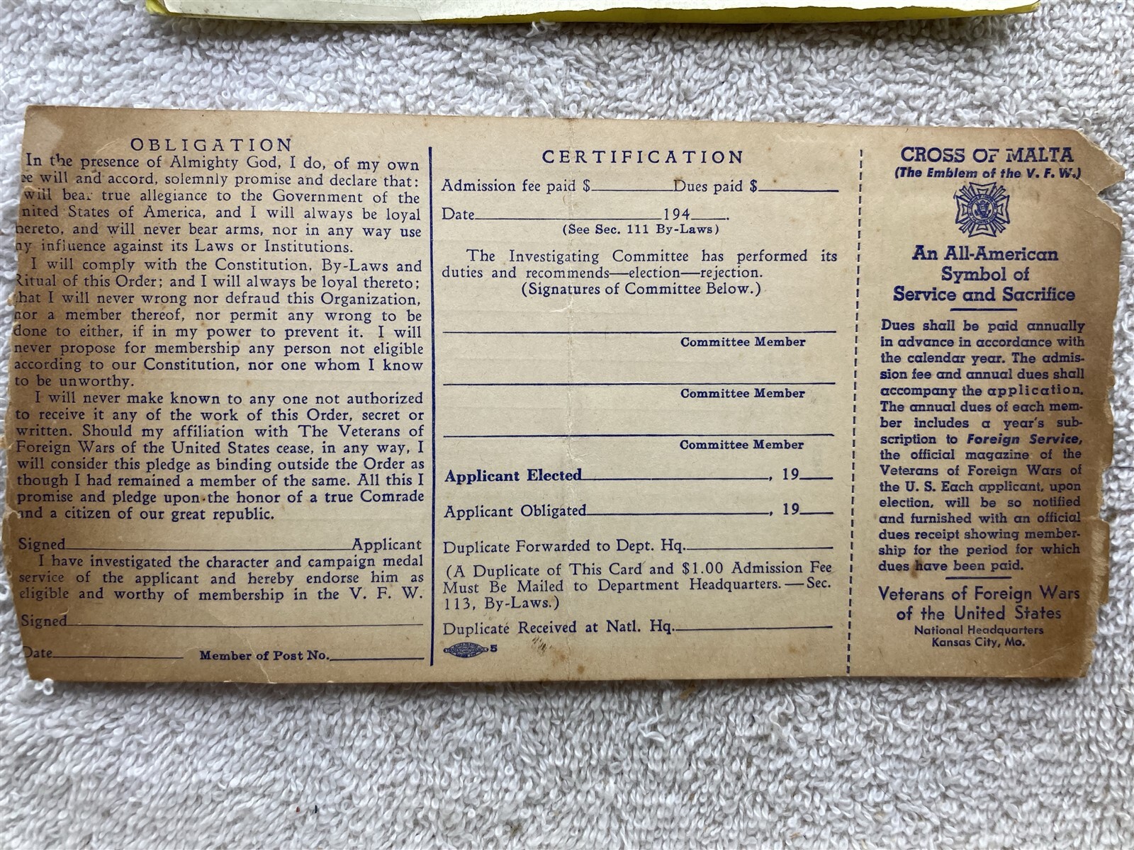 1940's Veterans of Foreign Wars VFW of the United States Application ...