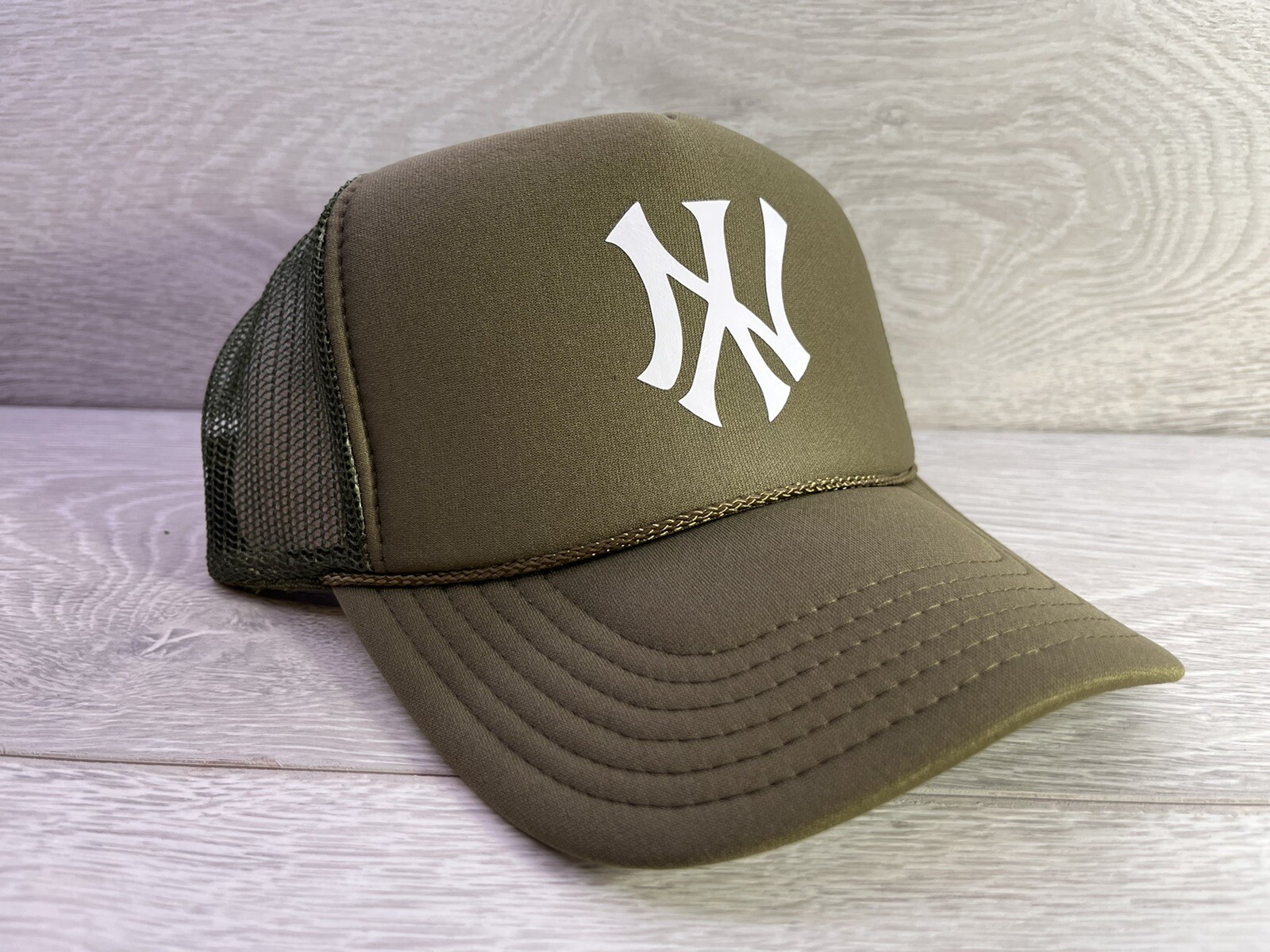 NEW YORK YANKEES UPSIDE NY ARMY GREEN HAT 5 PANEL HIGH CROWN TRUCKER ...