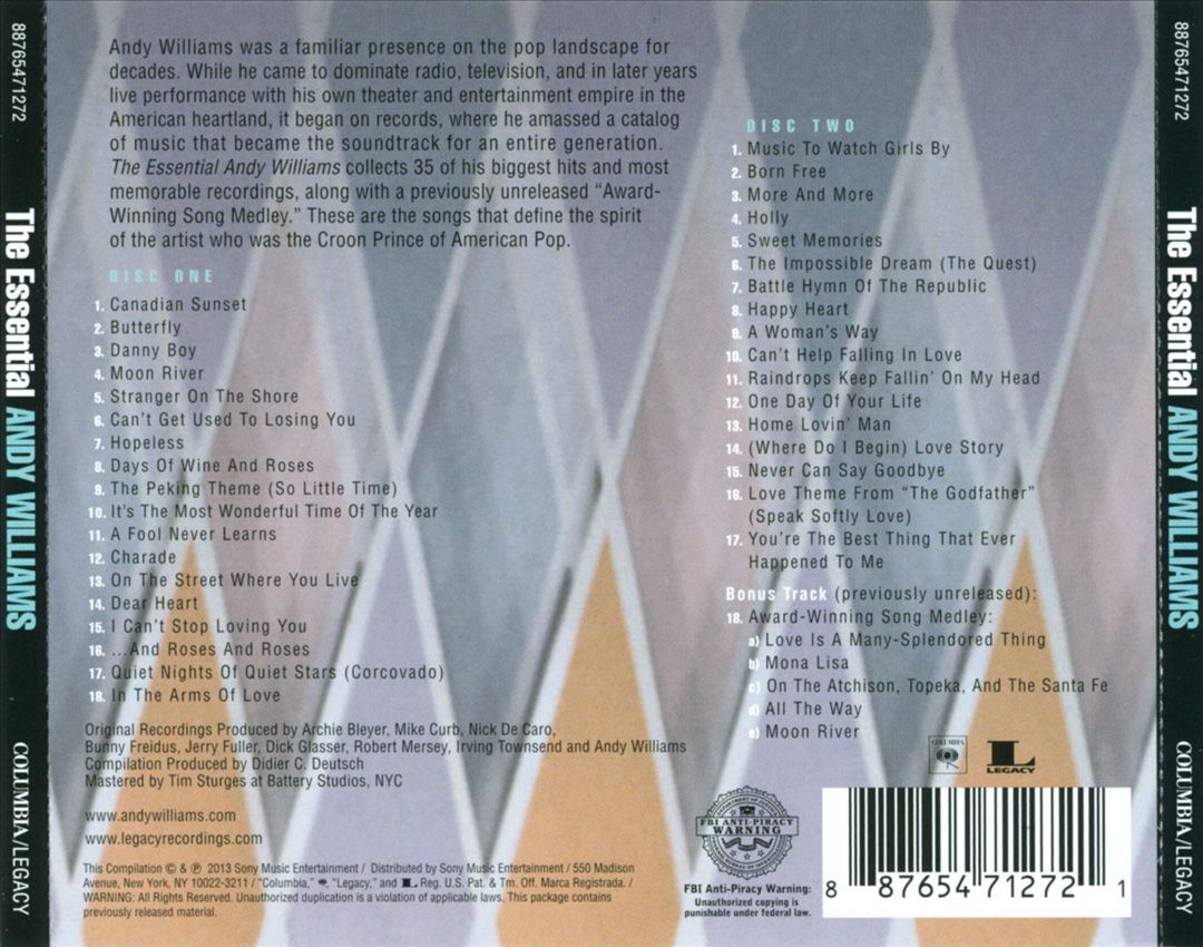ANDY WILLIAMS ESSENTIAL ANDY WILLIAMS [BONUS DISC] NEW CD 887654712721 ...