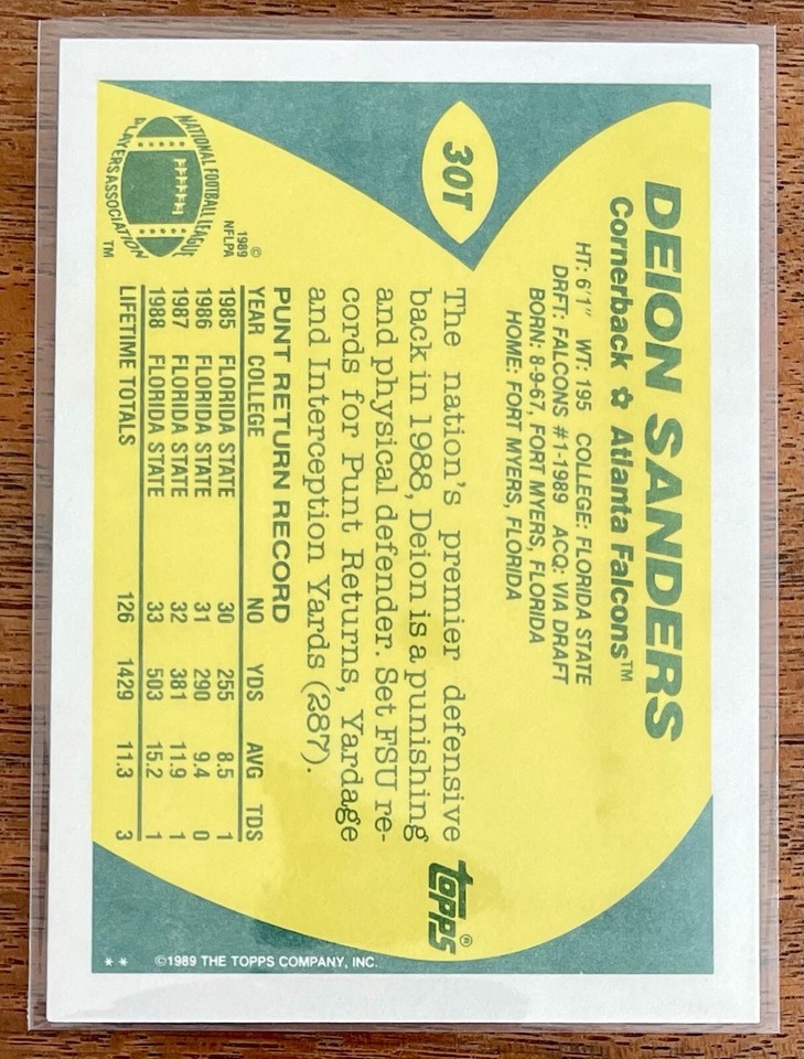 DEION SANDERS 1989 TOPPS TRADED ROOKIE FOOTBALL CARD #30T ATLANTA ...