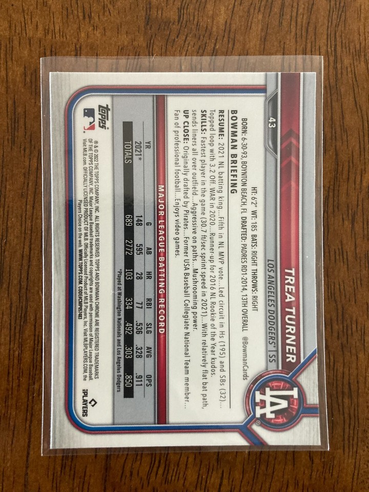 2022 Bowman Chrome Sapphire Trea Turner #43 Los Angeles Dodgers | eBay
