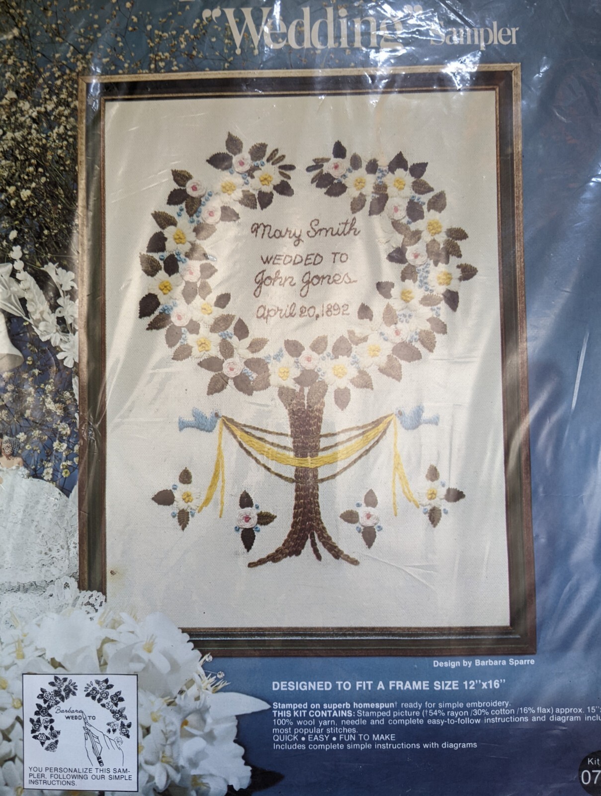 Vintage Paragon Crewel Stitchery "Wedding" Sampler Retro Kit Tree Birds ...
