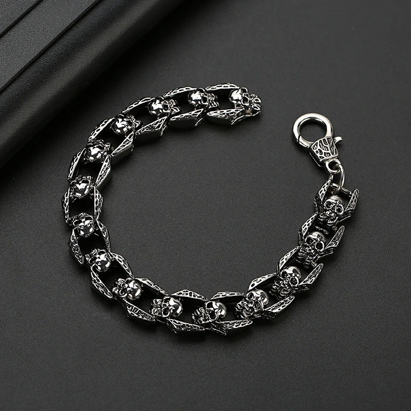 Men's Vintage Silver Skull Chain Stainless Steel Bracelet Heavy Punk ...