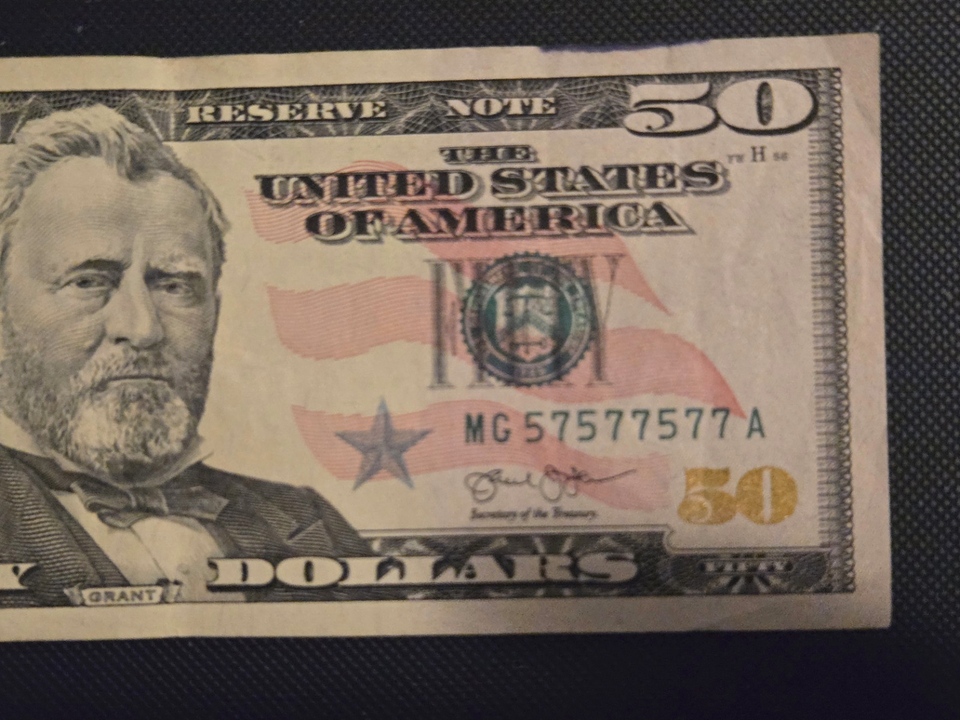 $50 Dollar Bill BINARY NOTE- Fancy Serial Number 57577577 add together ...