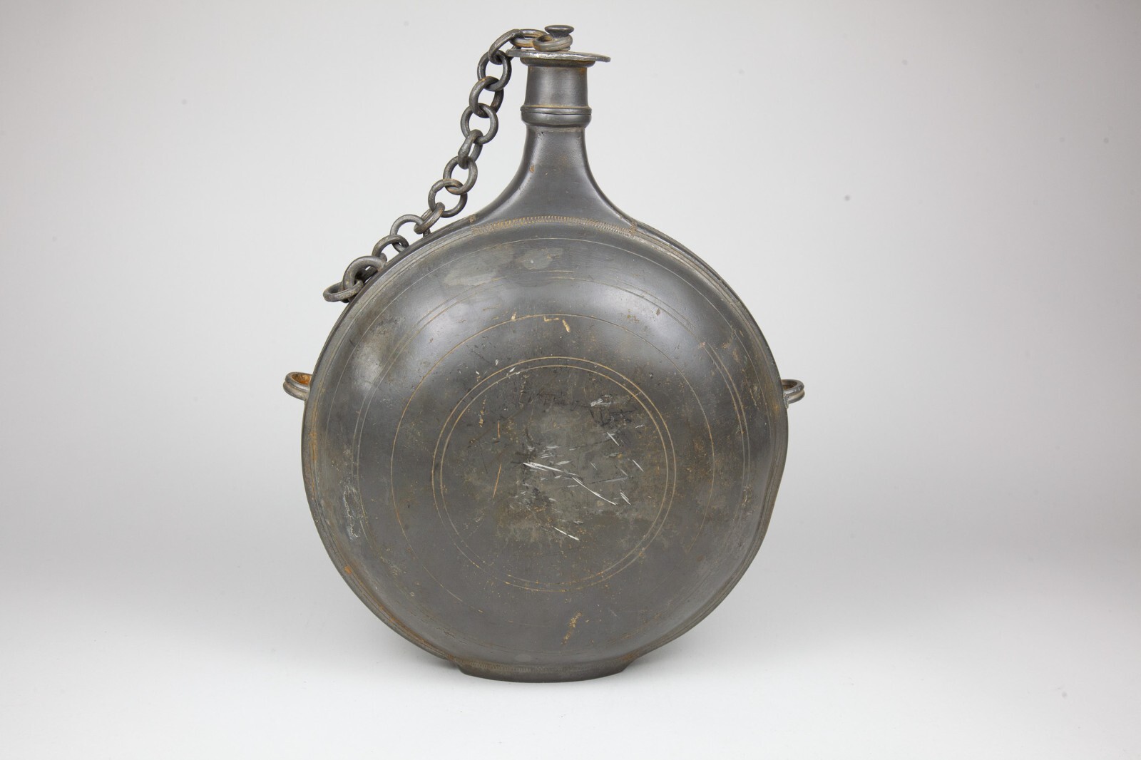 19th C. Pewter Pilgrim Flask, Canteen with Chain and Screw On Lid | eBay