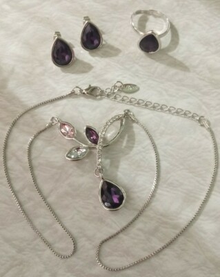 LBVYR Silvertoned with Purple & Clear Stones 20" Necklace Ring ...