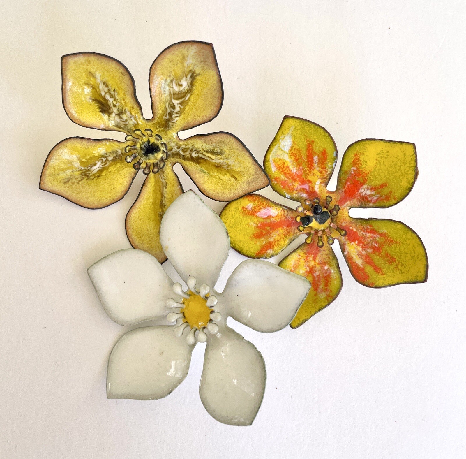 Vintage Bovano Of Cheshire Enamel Copper Metal Flowers 3 Loose Yellow ...