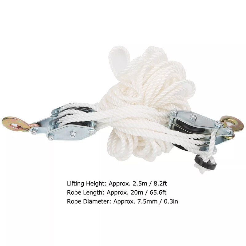 65 Feet Rope Hoist Pulley 2 Ton Wheel Block and Tackle System 7:1 Ratio ...