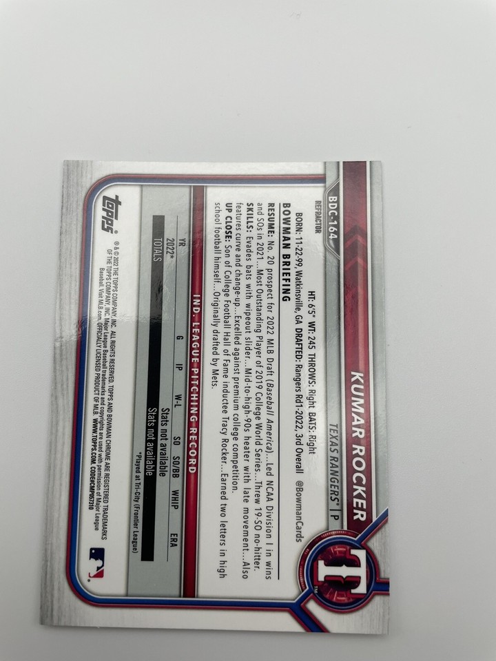 2022 Bowman Draft Chrome Kumar Rocker 1st Bowman Refractor BDC-144 | eBay