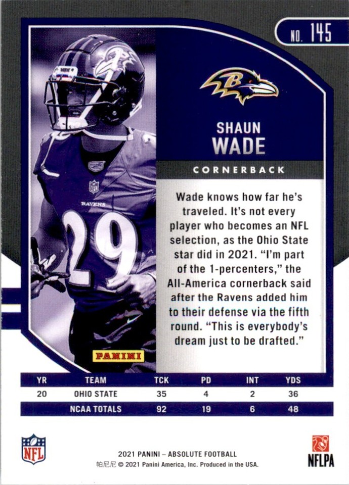 2021 Panini Absolute SHAUN WADE RC Baltimore Ravens #145 | eBay