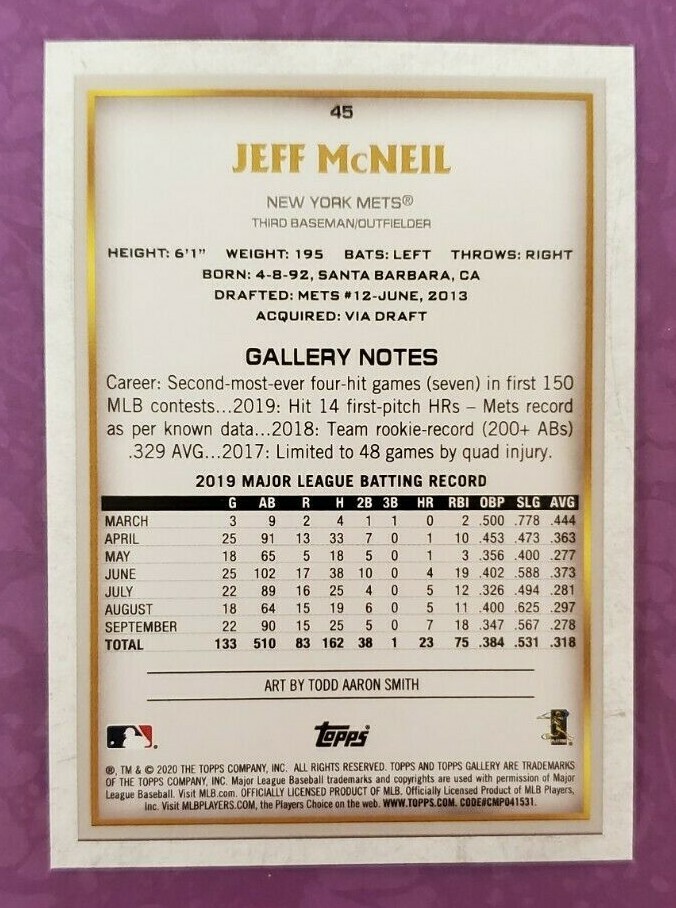 2020 Topps Gallery #45 Jeff McNeil New York Mets Rainbow Foil Parallel ...