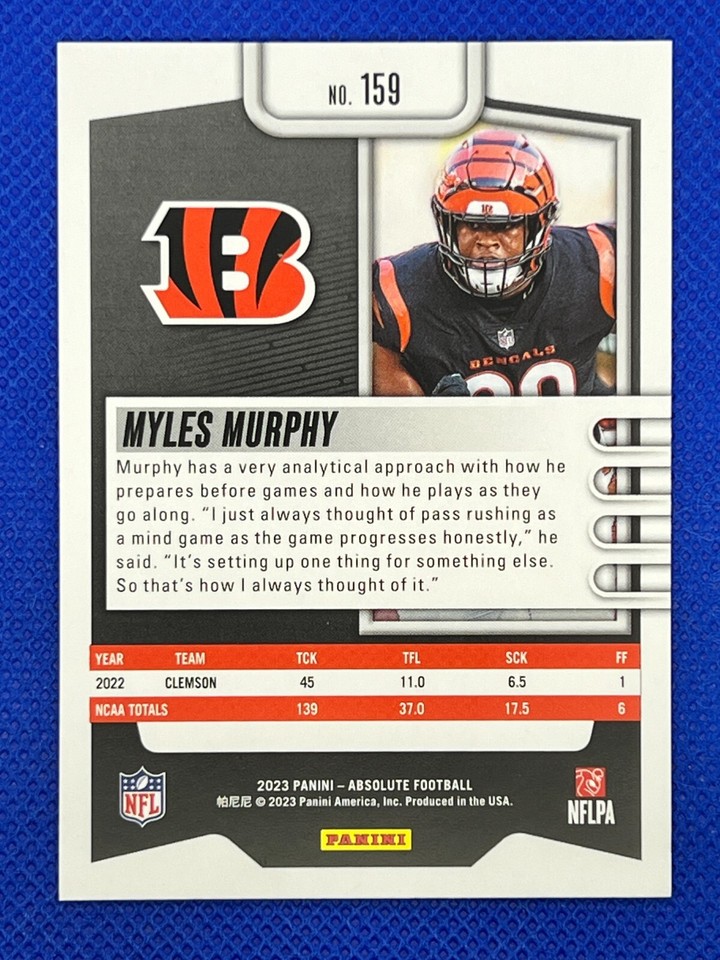 2023 Panini Absolute Myles Murphy ROOKIE CARD #159 Bengals 71A | eBay